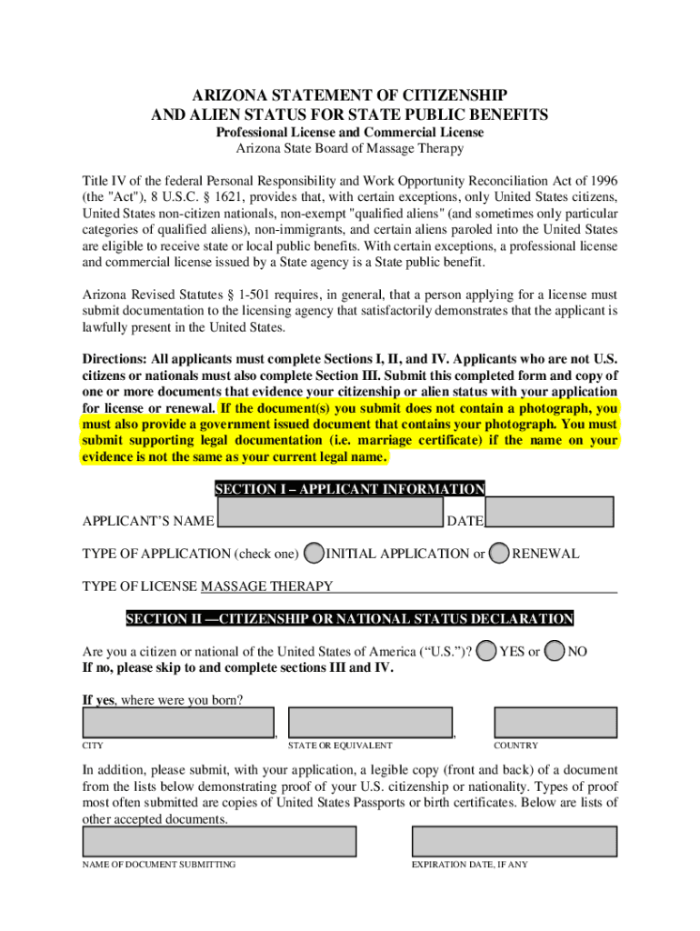 Fillable Online massagetherapy az CITIZENSHIP AND ALIEN STATUS ...