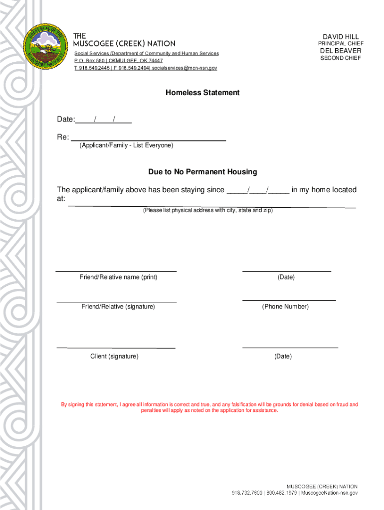 Fillable Online Homeless Statement Date: // Re: Due to No ... Fax Email ...