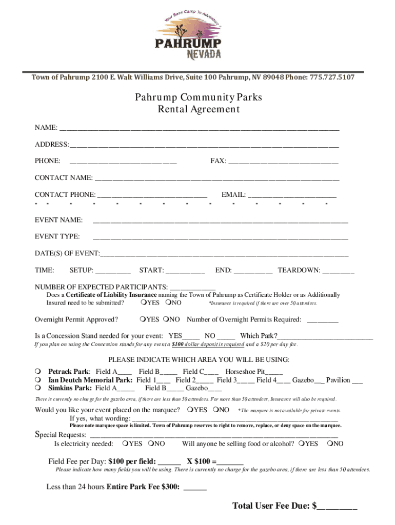 Fillable Online Pahrump Community Parks Rental Agreement Fax Email Print - pdfFiller