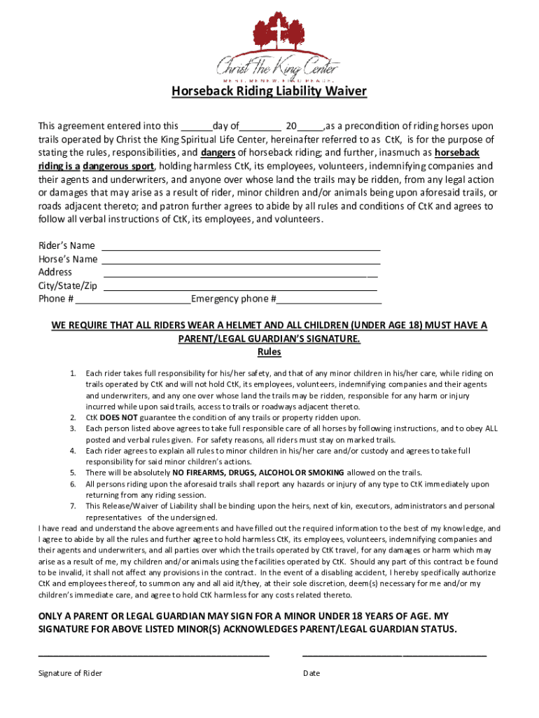 Fillable Online fcftherapeutic.orgwp-contentuploadsHorseback Riding Agreement and Liability ...