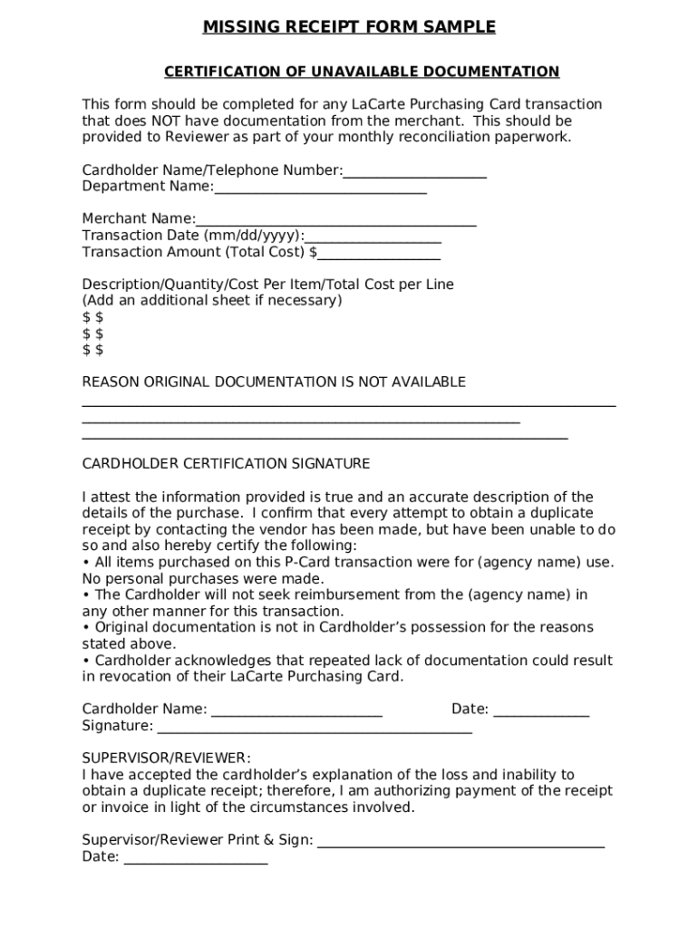 TRAVEL CARD MISSING RECEIPT (SAMPLE) - Louisiana Doc Template | pdfFiller