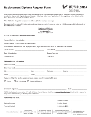 Fillable Online Replacement Diploma Request Form - University of South Florida Fax Email Print ...