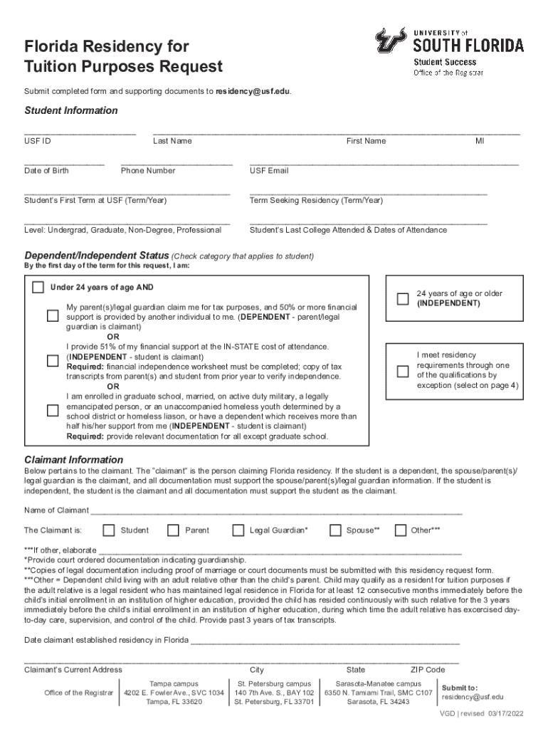 Fillable Online FLORIDA RESIDENCY DECLARATION FOR TUITION PURPOSES ...