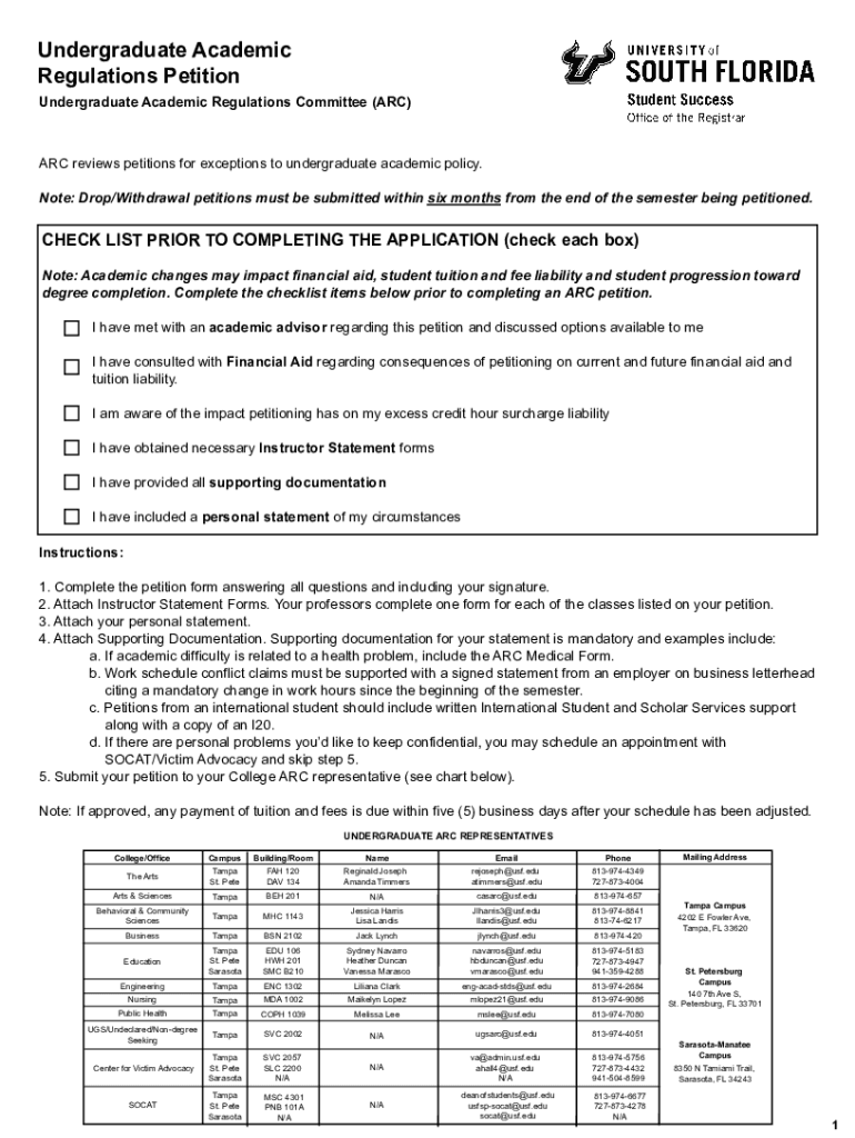 Fillable Online www.usf.eduundergraddocumentsARC Undergraduate Academic Regulations Petition Fax ...