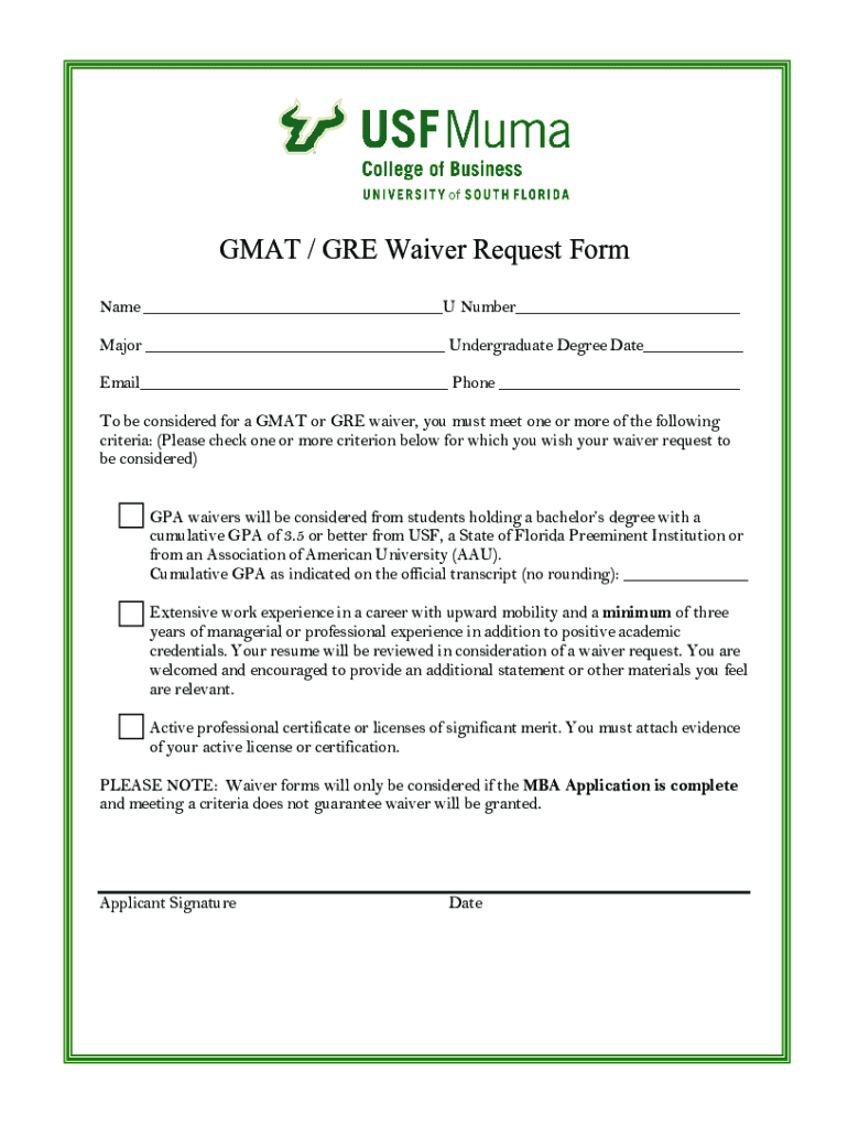 Fillable Online GMAT / GRE Waiver Request Form - University of South ...