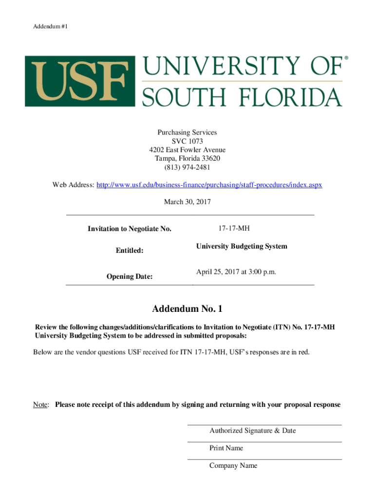 Fillable Online Addendum No. 1 - Welcome to the University of South Florida Fax Email Print ...