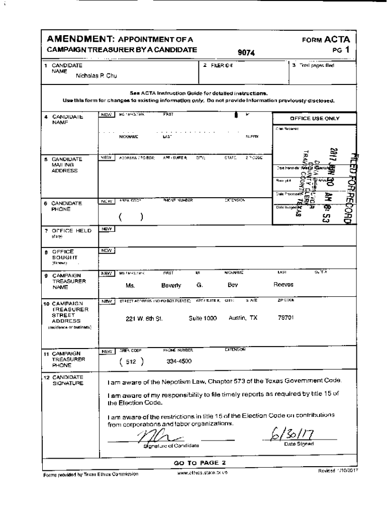 Fillable Online AMENDMENT: FORM ACTA CAMPAIGN TREASURER BY A CANDIDATE ...