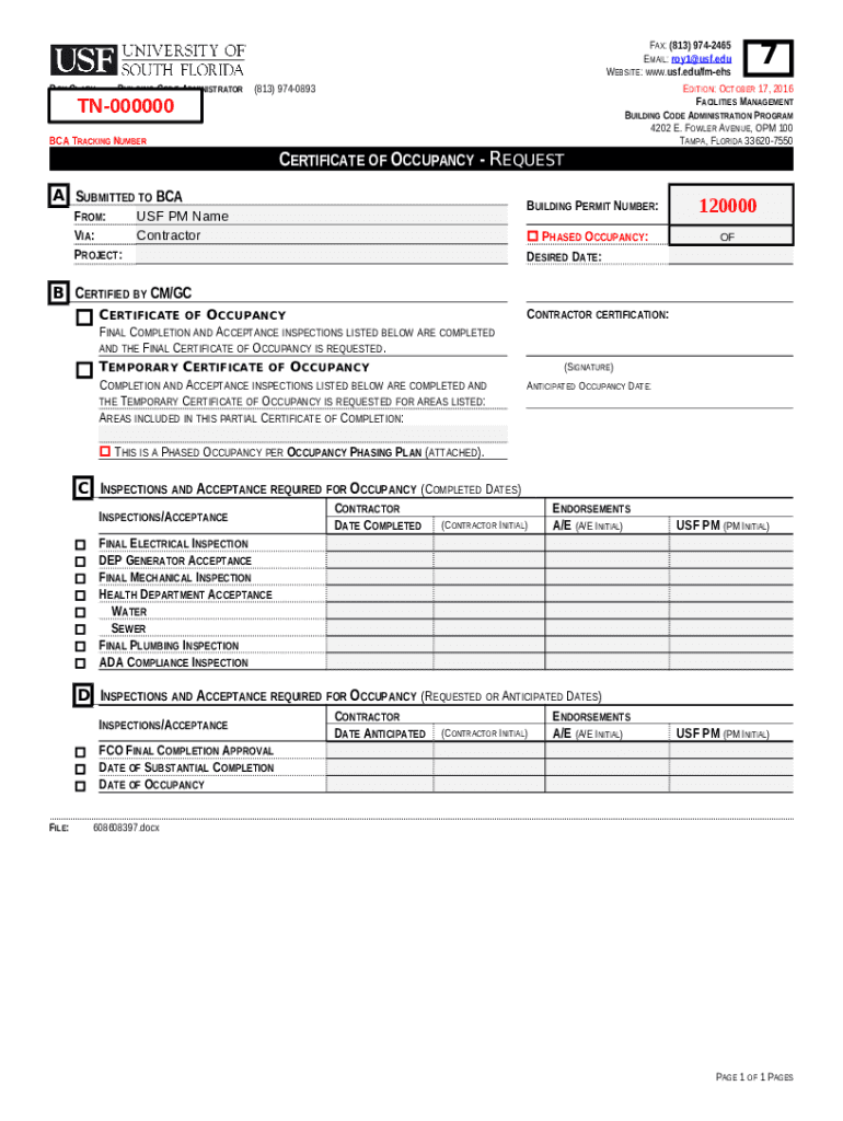 CERTIFICATE OF OCCUPANCY REQUEST Doc Template | pdfFiller