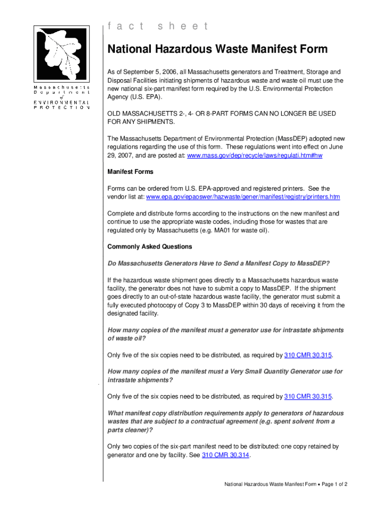 Fillable Online National Hazardous Waste Manifest Form - Massachusetts ...