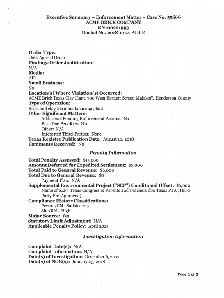 Fillable Online EXECUTIVE SUMMARY ENFORCEMENT MATTER CASE NO: Easy to ...