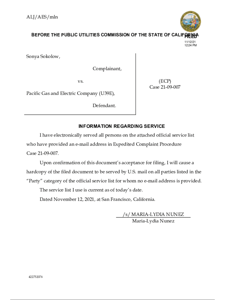 Fillable Online docs cpuc ca ALJ/AES/mln Sonya Sokolow, Complainant, vs ...