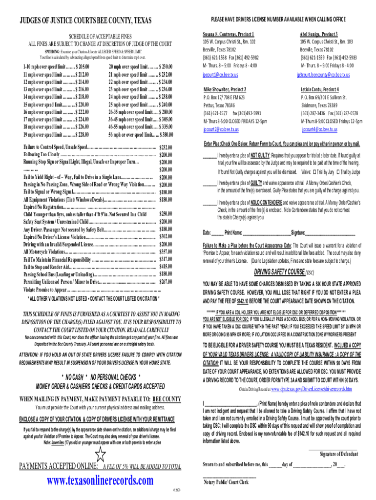 Fillable Online JUDGES OF JUSTICE COURTS BEE COUNTY, TEXAS PLEASE HAVE ...