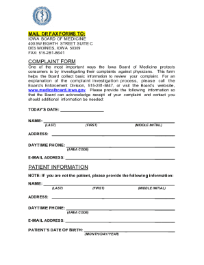 Fillable Online medicalboard iowa COMPLAINT FORM PATIENT INFORMATION ...
