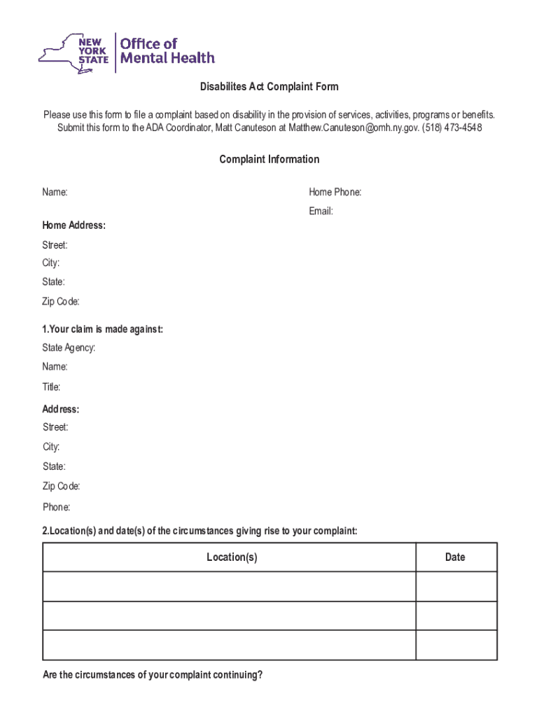Fillable Online omh ny otda.ny.govlegalADA-Complaint-FormAmericans with ...