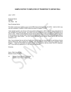 Fillable Online SAMPLE NOTICE TO EMPLOYEE OF TRANSITION TO UNPAID FMLA ...