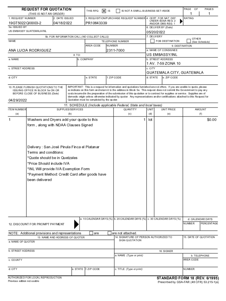 Fillable Online REQUEST FOR QUOTATION This RFQ is is not a Government ...