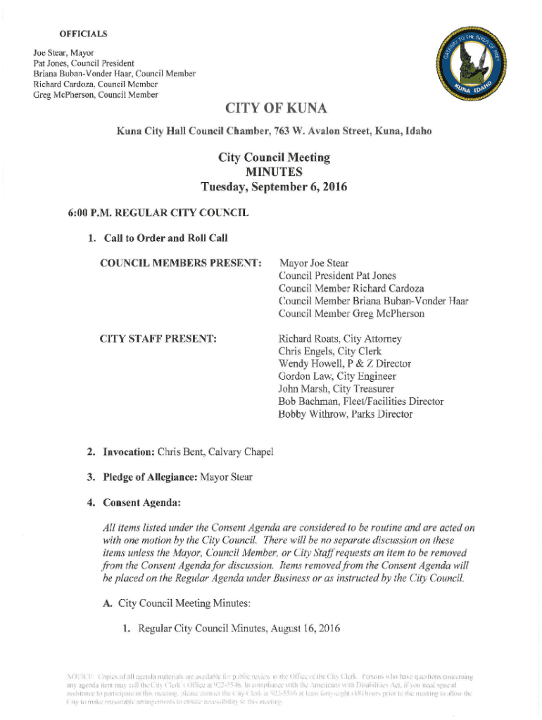 Fillable Online CITY OFFICIALS Joe Stear, Mayor Briana Buban-Vonder ...