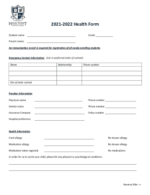 Fillable Online 2021-2022 health information form Fax Email Print - pdfFiller
