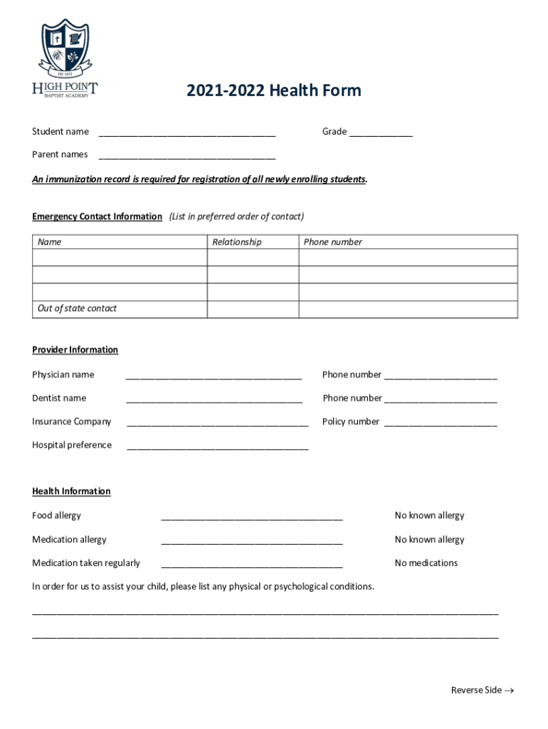 Fillable Online 2021-2022 health information form Fax Email Print - pdfFiller