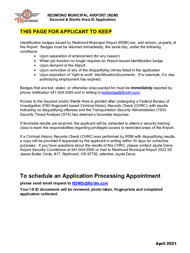Fillable Online flyrdm.comimagesuploadsREDMOND MUNICIPAL AIRPORTID APPLICATION ** AOA ID Fax ...
