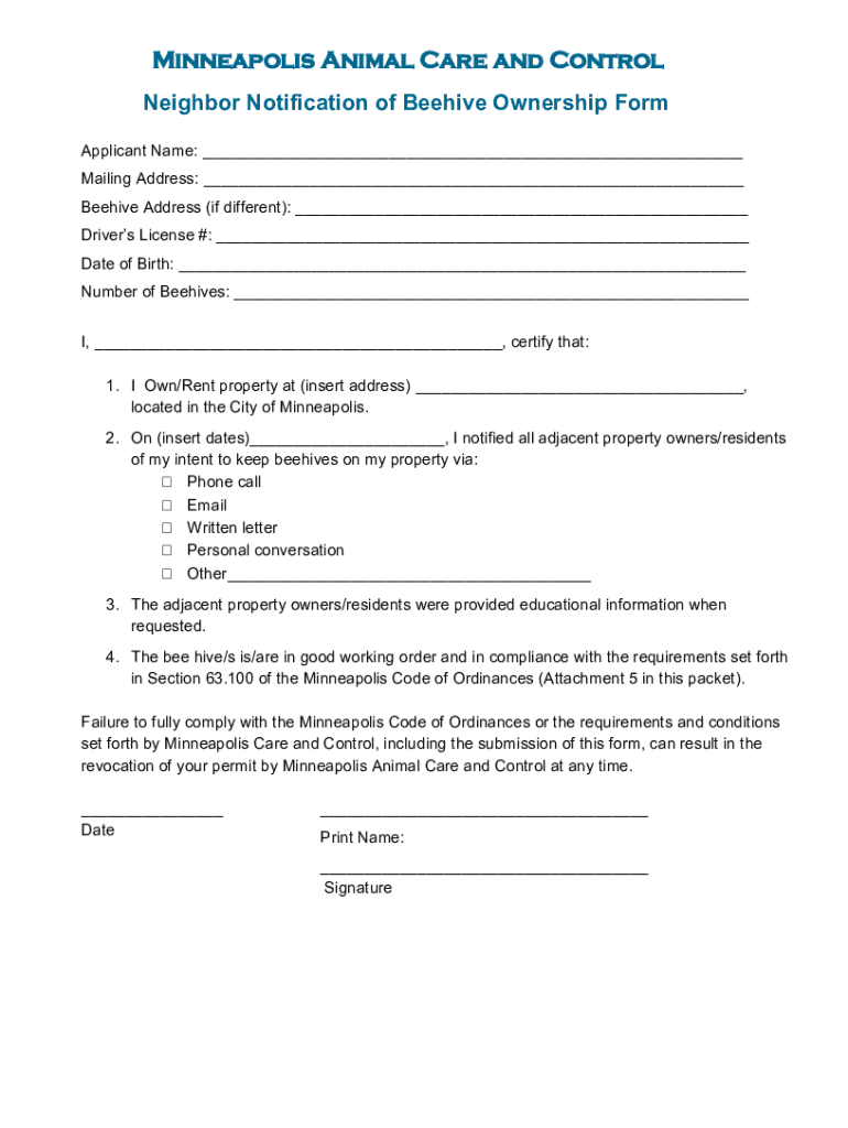 Fillable Online Neighbor Notification of Beehive Ownership Form ...
