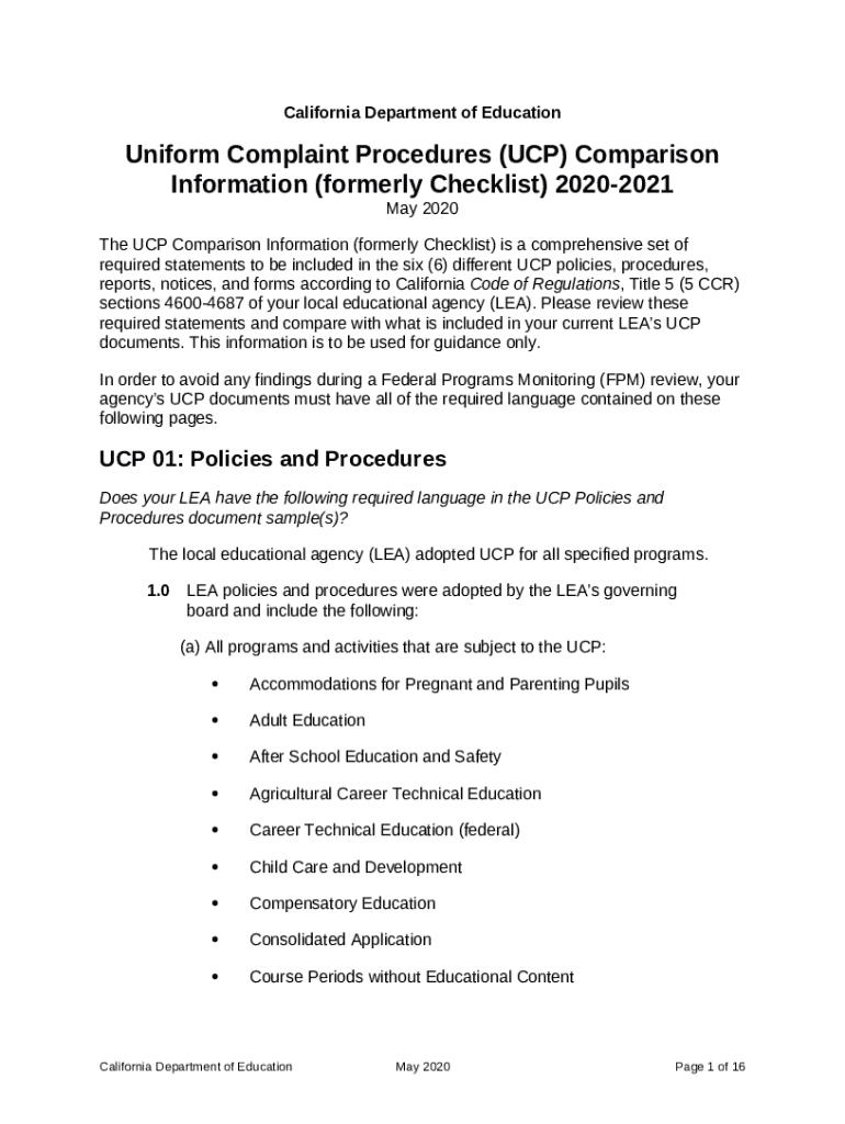 UCP Comparison Info for updated- Uni Complaint Procedures (CA Dept of ...