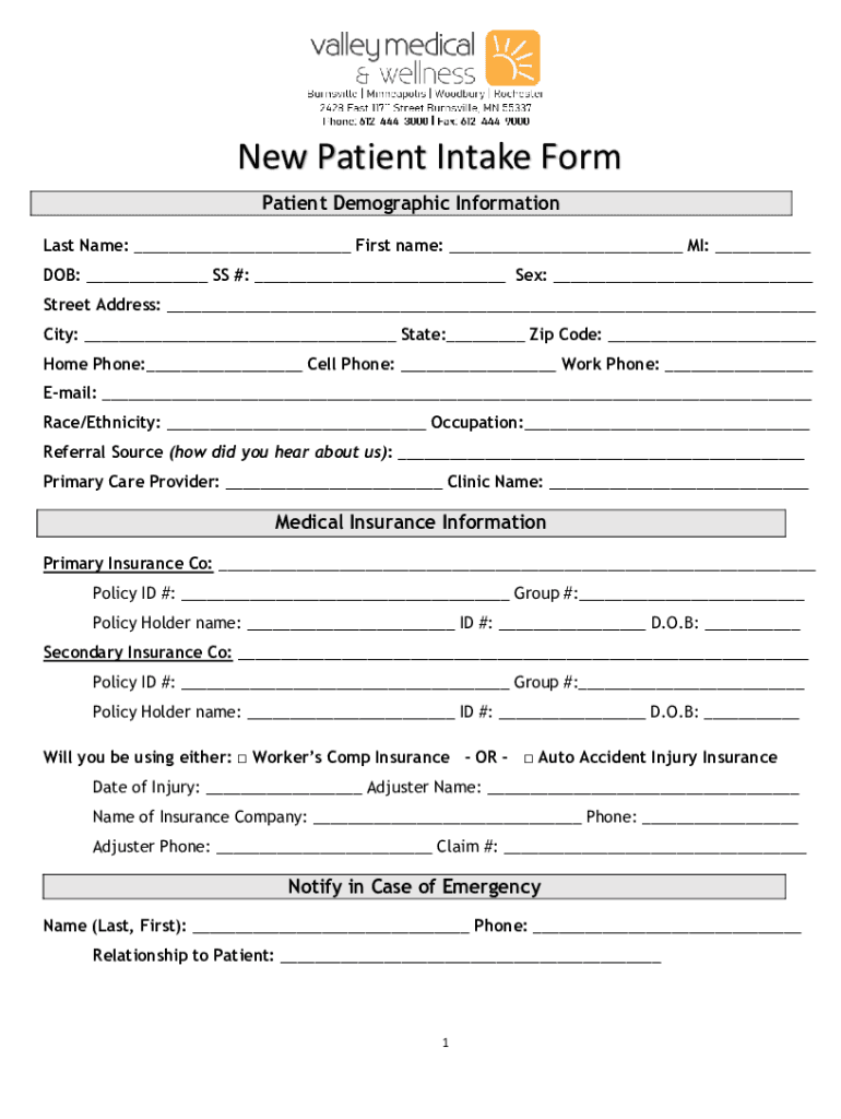 Fillable Online sa1s3.patientpop.comassetsdocsNew Patient Intake Form Fax Email Print - pdfFiller