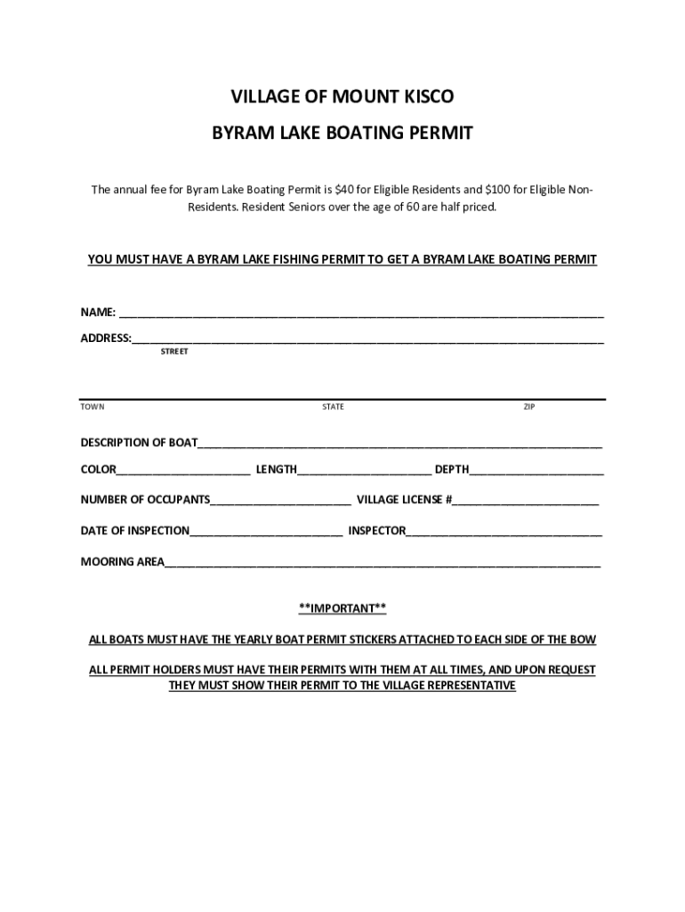 Fillable Online VILLAGE OF MOUNT KISCO BYRAM LAKE BOATING PERMIT Fax ...