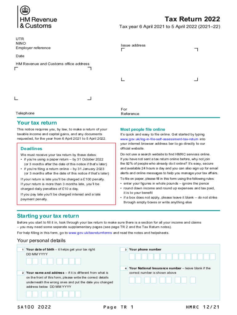 Fillable Online Tax Return (2022). Use form SA100(2022) to file a tax return, report your income ...