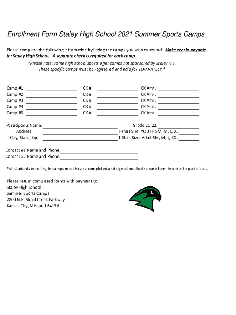 Fillable Online Enrollment Form Staley High School 2021 Summer Sports ...
