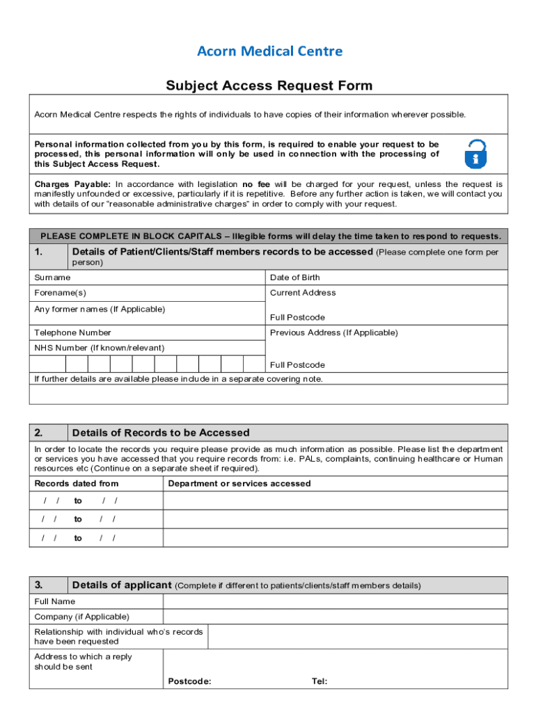 Fillable Online Subject Access RequestThe Acorn Practice Fax Email ...