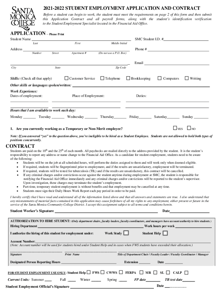 Fillable Online oru.edustudentemploymentapplicationSTUDENT EMPLOYMENT APPLICATION STUDENT WORK ...
