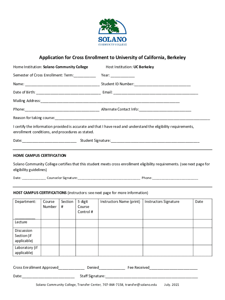 Fillable Online Application for Cross Enrollment to University of ...