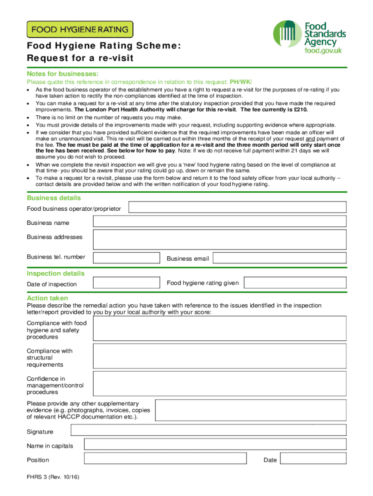 Fillable Online www.food.gov.ukfhrs-re-visit-form2Food Hygiene Rating ...