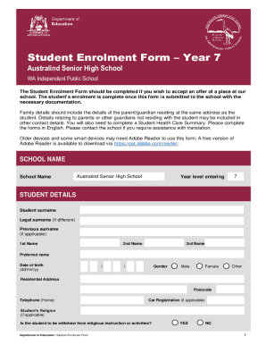 Fillable Online australind wa edu australind.wa.edu.auWPwp-contentStudent Enrolment Form Year 7 ...