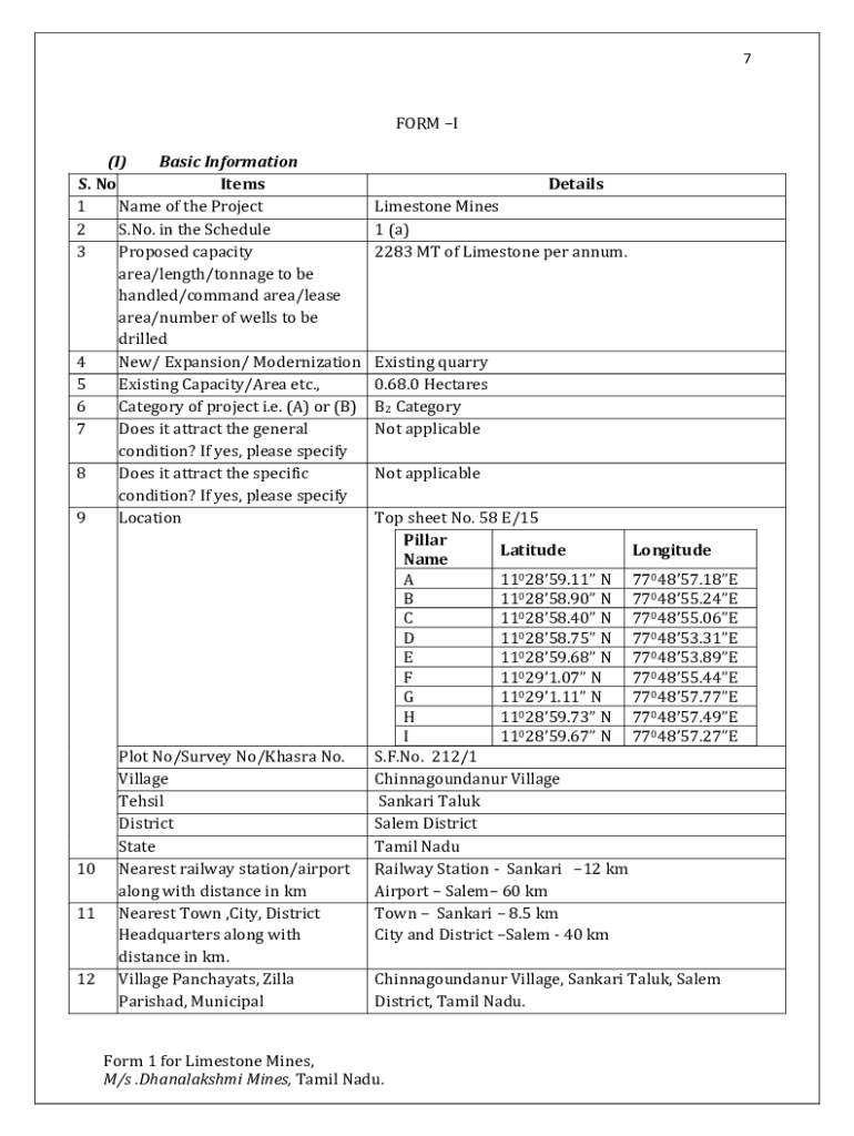 Fillable Online Form 1 for Limestone Mine,of M/s. Suriya Industrial ...