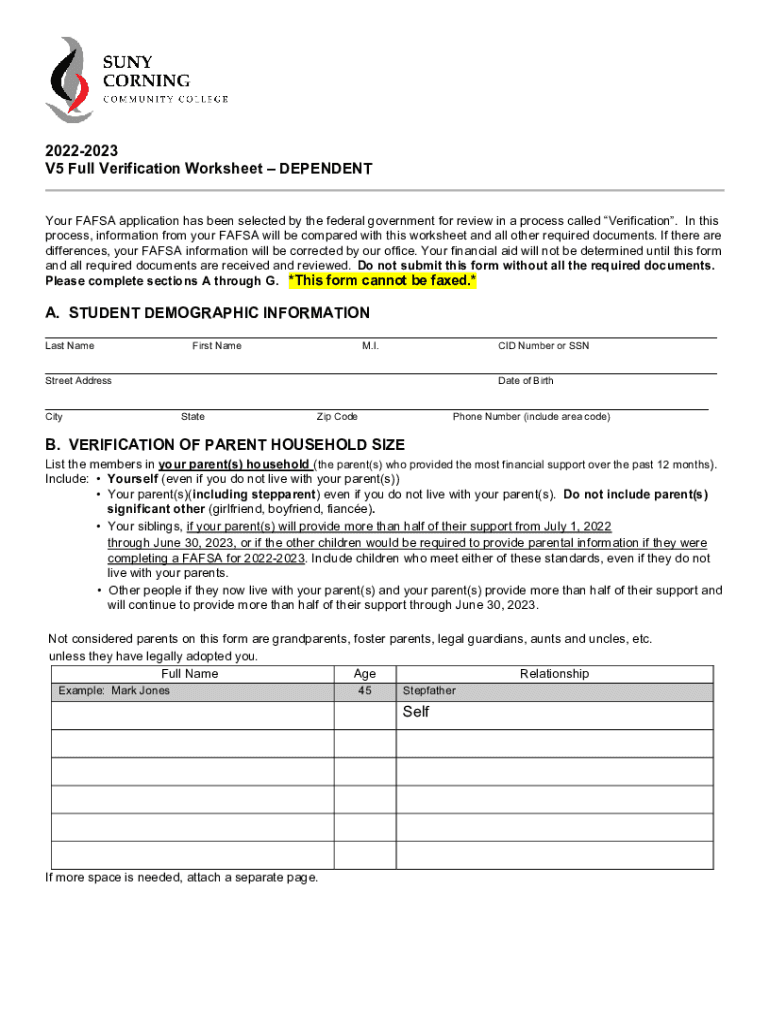 Fillable Online www.corning-cc.edu admissions-future-studentsDependent V5 Full Verification ...