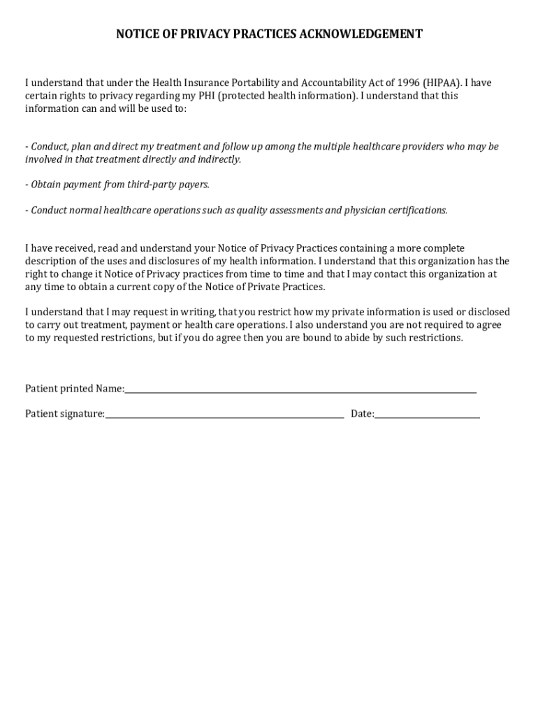 Fillable Online NOTICE OF PRIVACY PRACTICES ACKNOWLEDGEMENT I ...