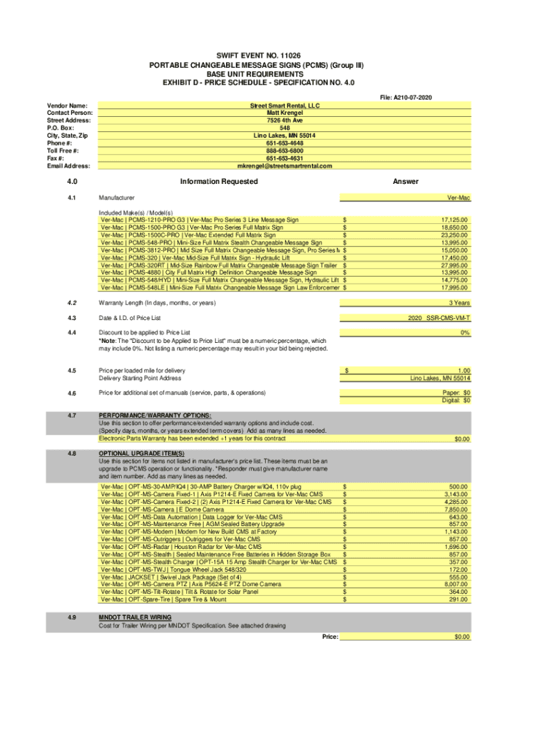 Fillable Online SWIFT EVENT NO. 11026 PORTABLE CHANGEABLE MESSAGE SIGNS ...