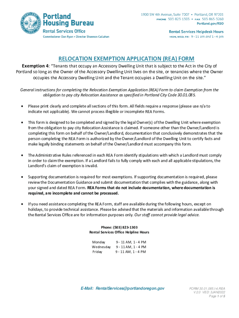 Fillable Online RELOCATION EXEMPTION APPLICATION (REA) FORM Exemption 4 ... Fax Email Print ...