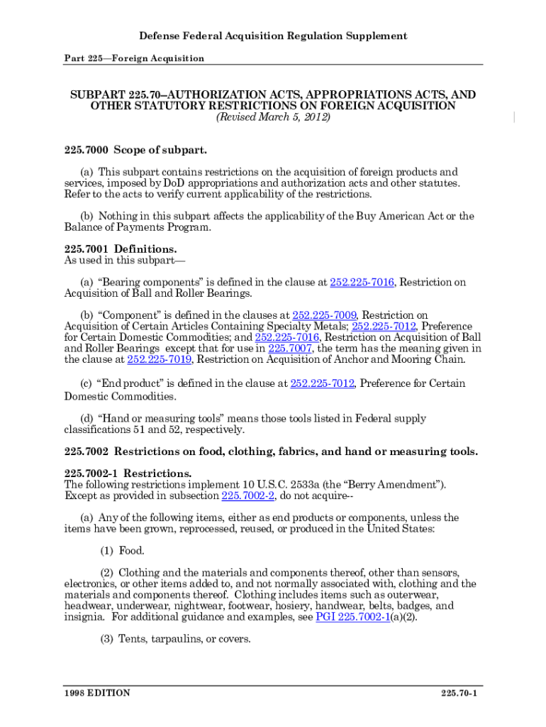 Fillable Online SUBPART 225.70--AUTHORIZATION ACTS, APPROPRIATIONS ACTS ... Fax Email Print ...