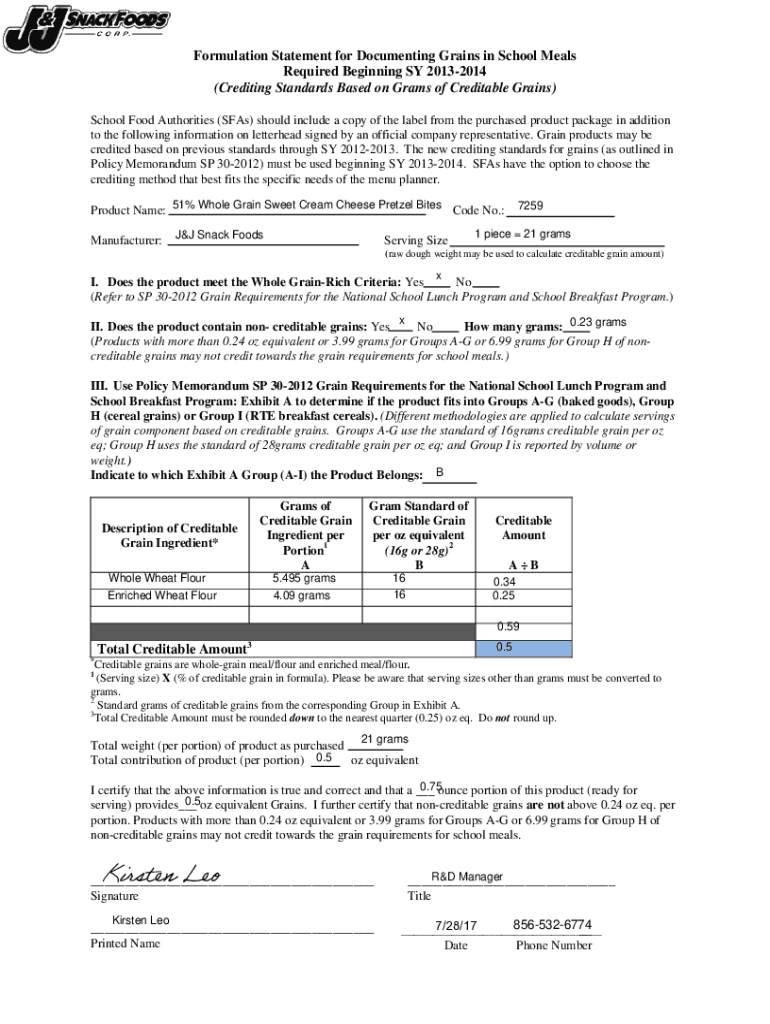 Fillable Online USDA Foods in Schools Foods Product Information Sheets ...