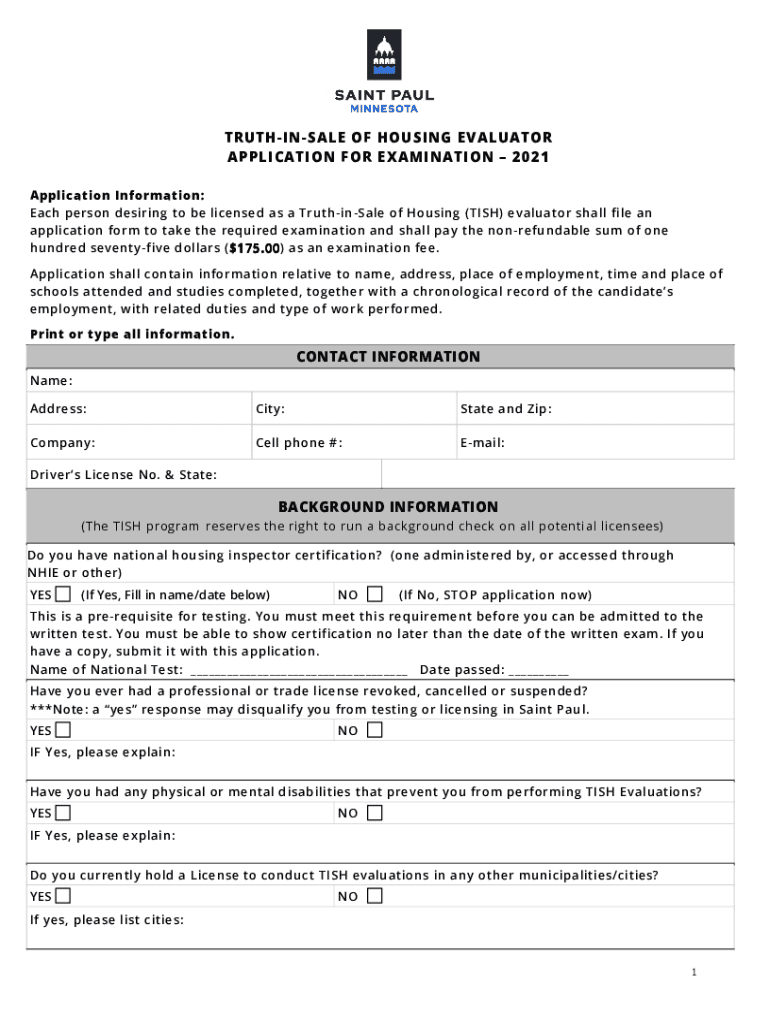 Fillable Online truth-in-sale of housing evaluator application for ...