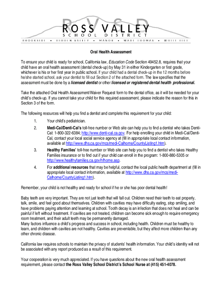 Fillable Online Oral Health Assessment Guidelines Dear Parent or ...