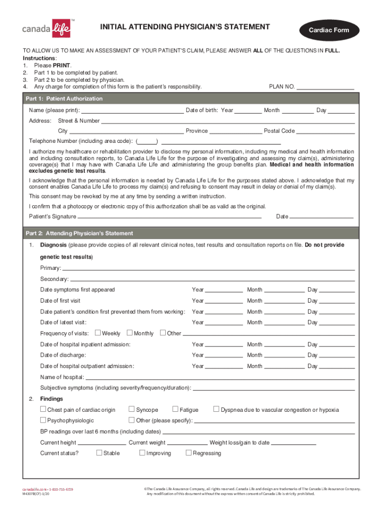 Fillable Online INITIAL ATTENDING PHYSICIANS STATEMENT - Cardiac Form ...