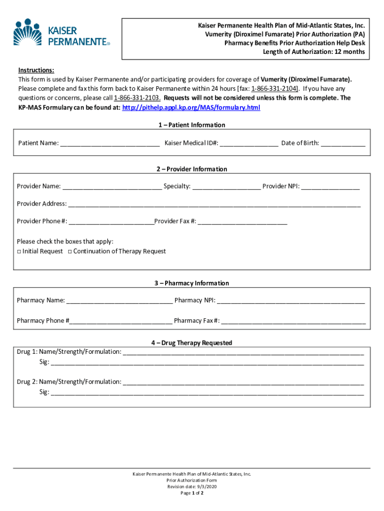 Fillable Online Prior Authorization (PA) Form for Vumerity. Prior ...