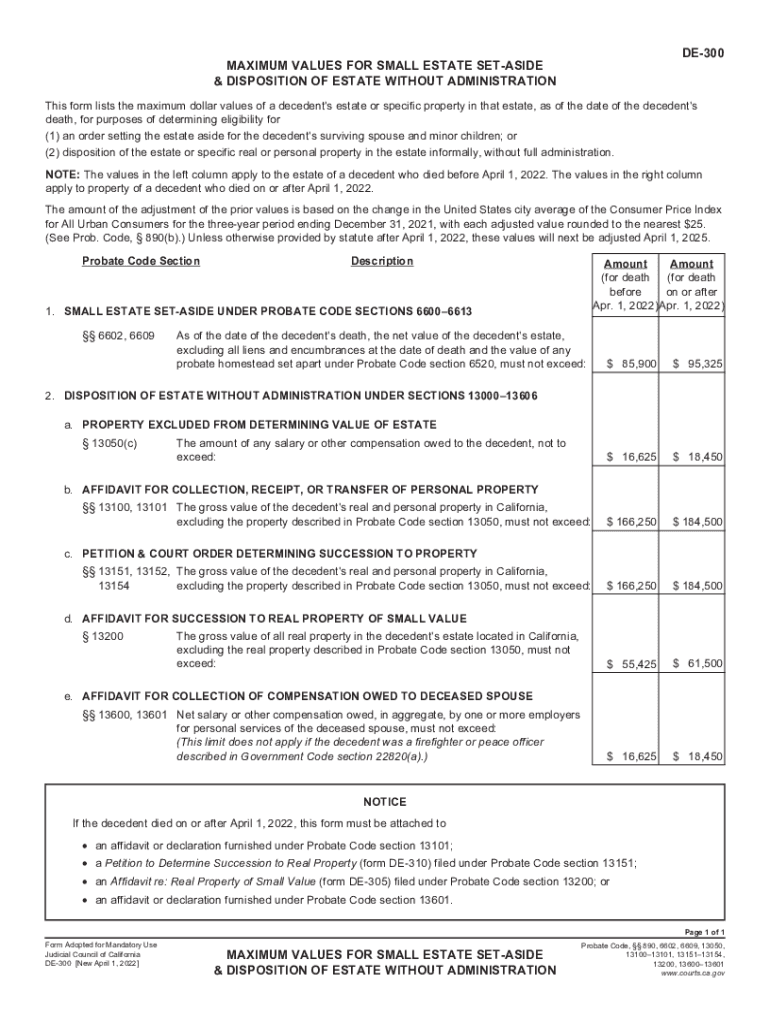 Fillable Online DE-300 Maximum Values for Small Estate Set-Aside and ...