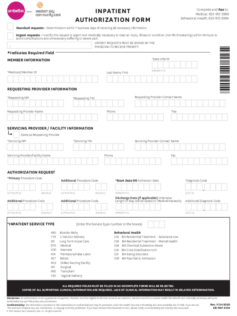 Fillable Online EB-6134-Inpatient Authorization Form. Inpatient ...