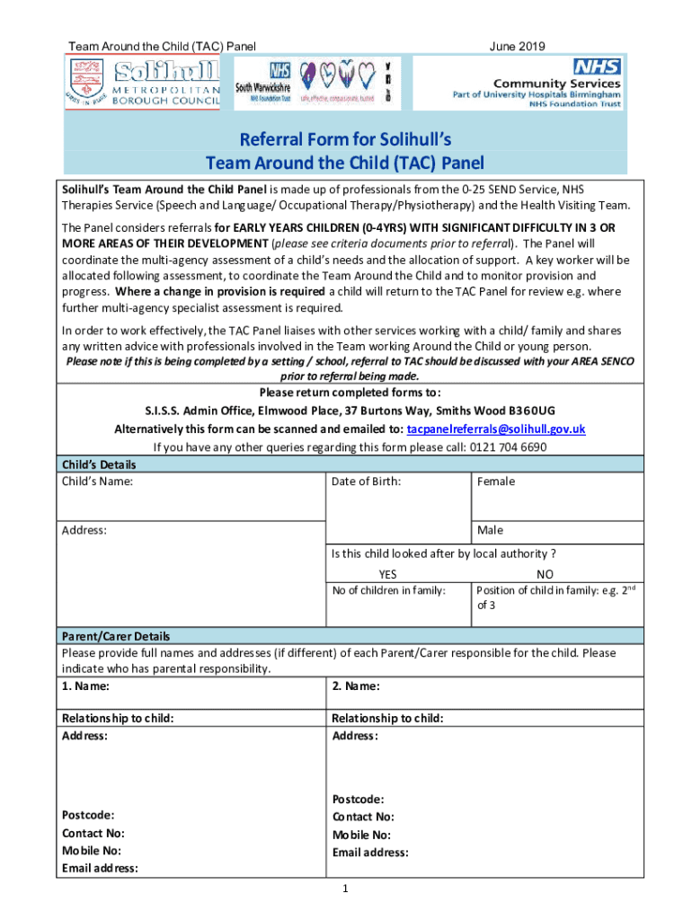 Fillable Online Referral Form for Solihulls Team Around the Child (TAC ...