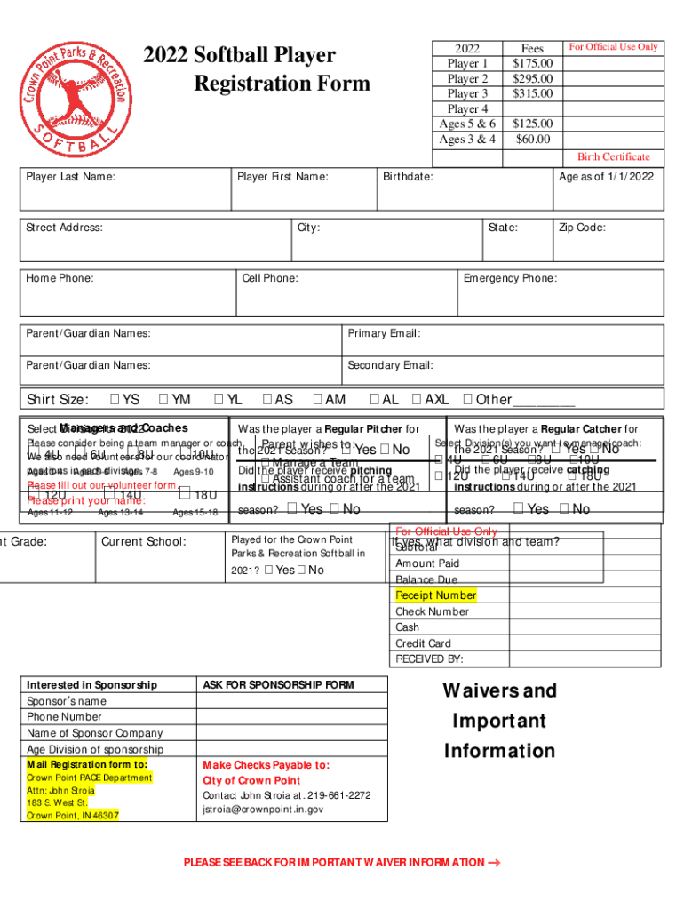 Fillable Online 2022 Softball Player Registration Form Waivers and ...